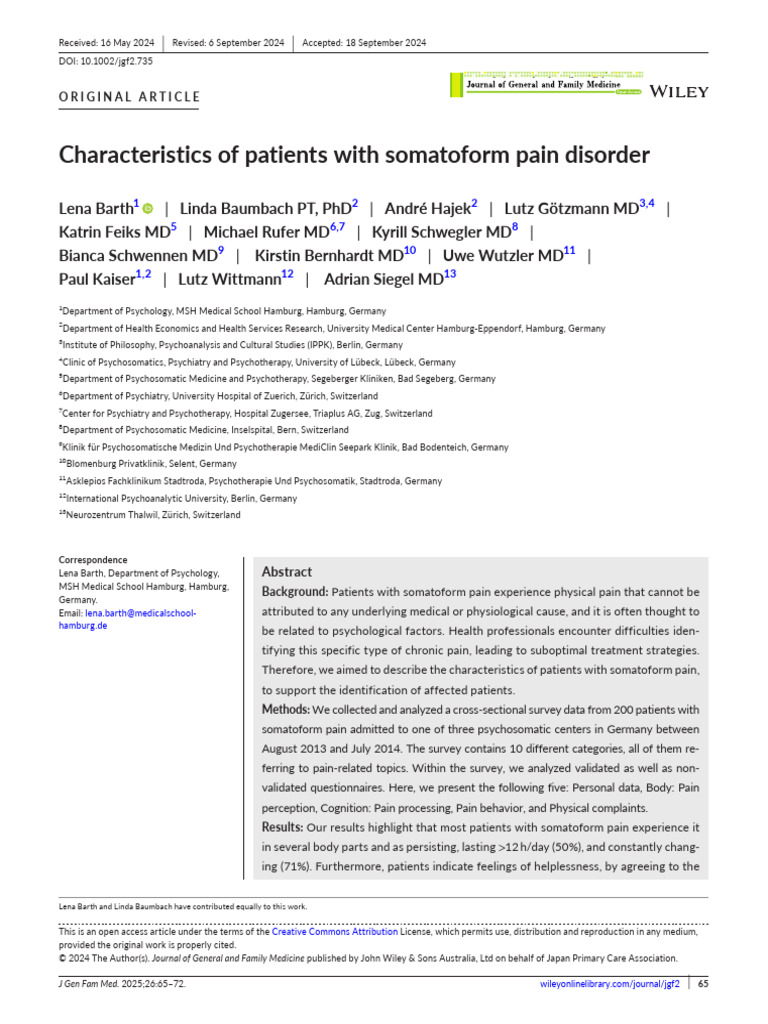 Characteristics of Patients With Somatoform Pain Disorder | PDF ...