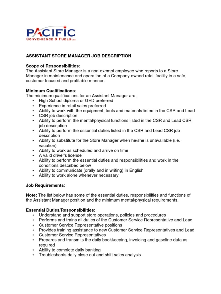 Asst Store Manager Job Description | PDF | Employment | Inventory