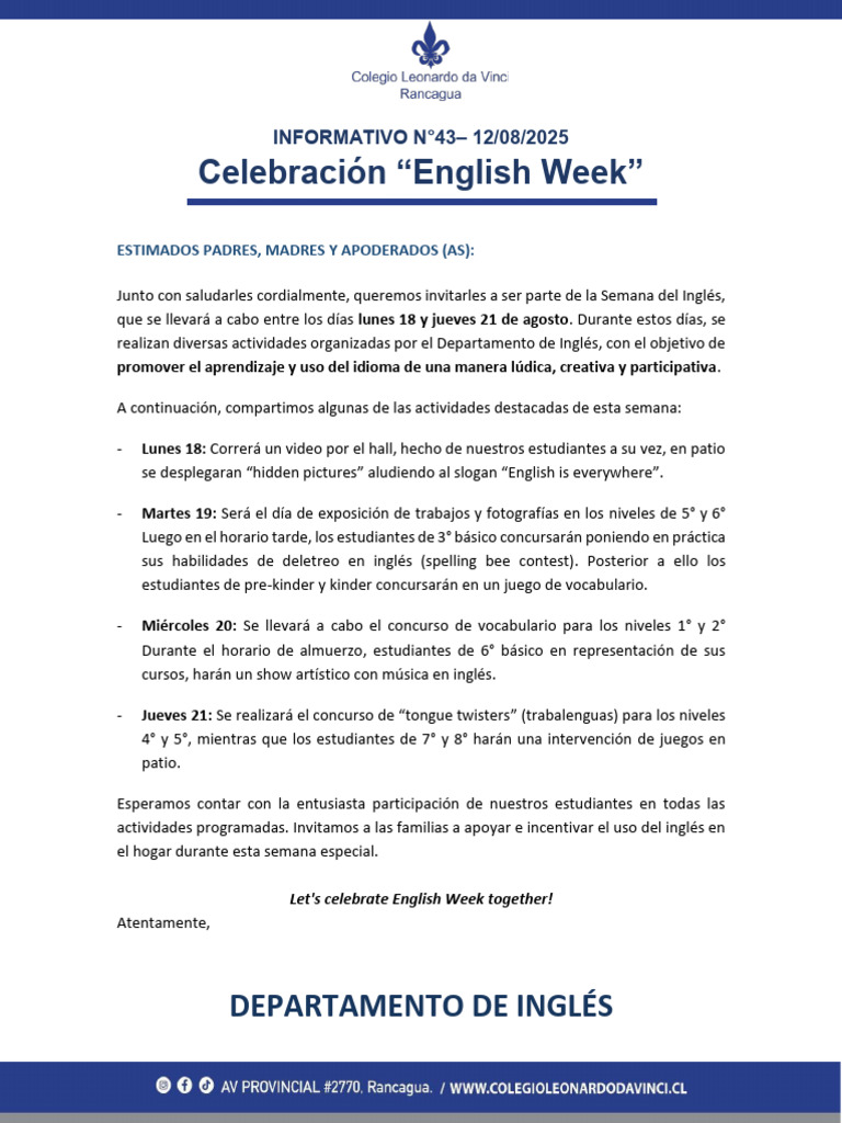 Celebración de la Semana del Inglés 2025 | PDF