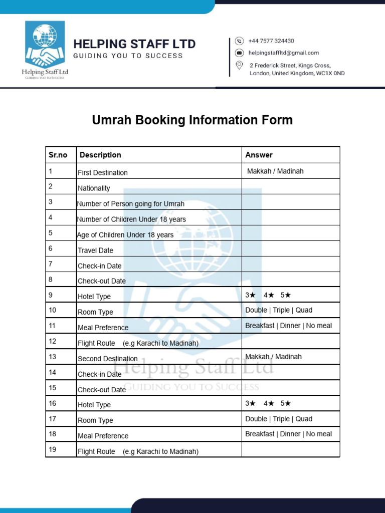 Umrah Booking Information Form | PDF