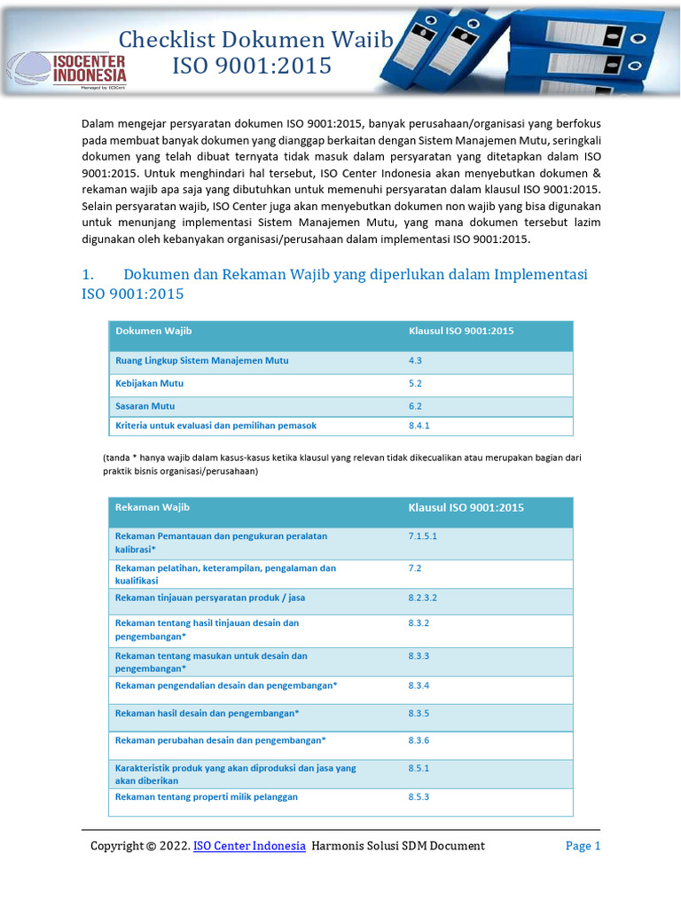 Checklist Dokumen ISO 9001:2015 Wajib | PDF