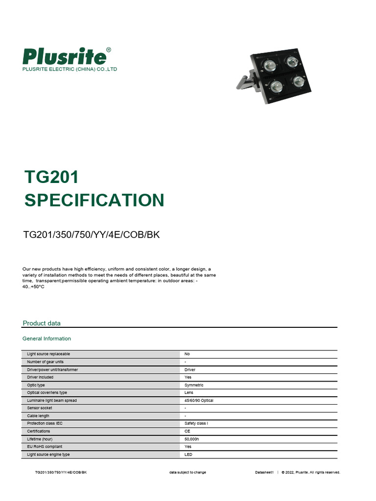 Plusrite TG201 LED Luminaire Specs | PDF | Light Emitting Diode ...