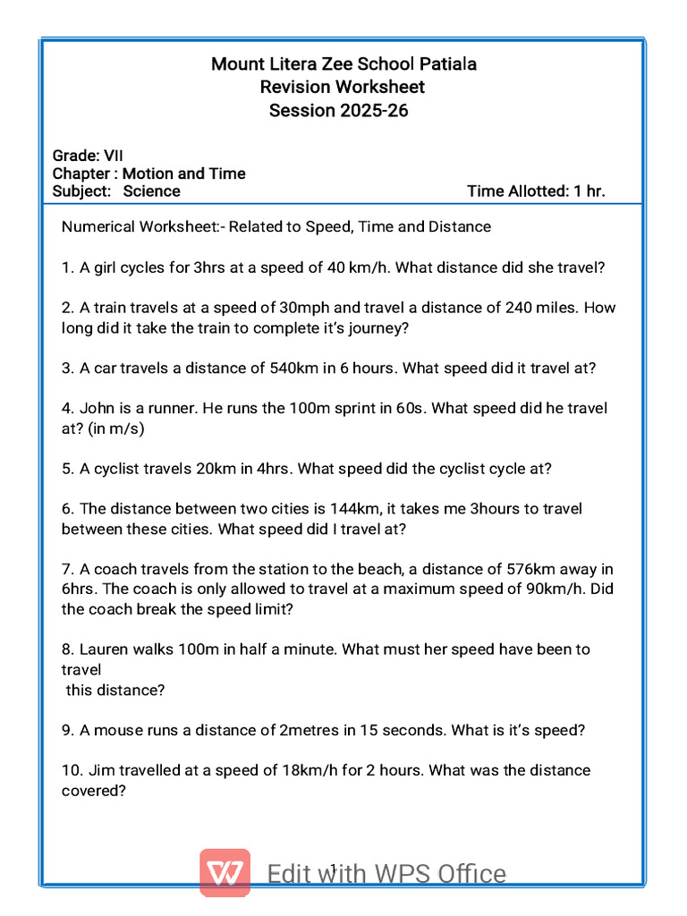 CH Motion and Time Worksheet | PDF