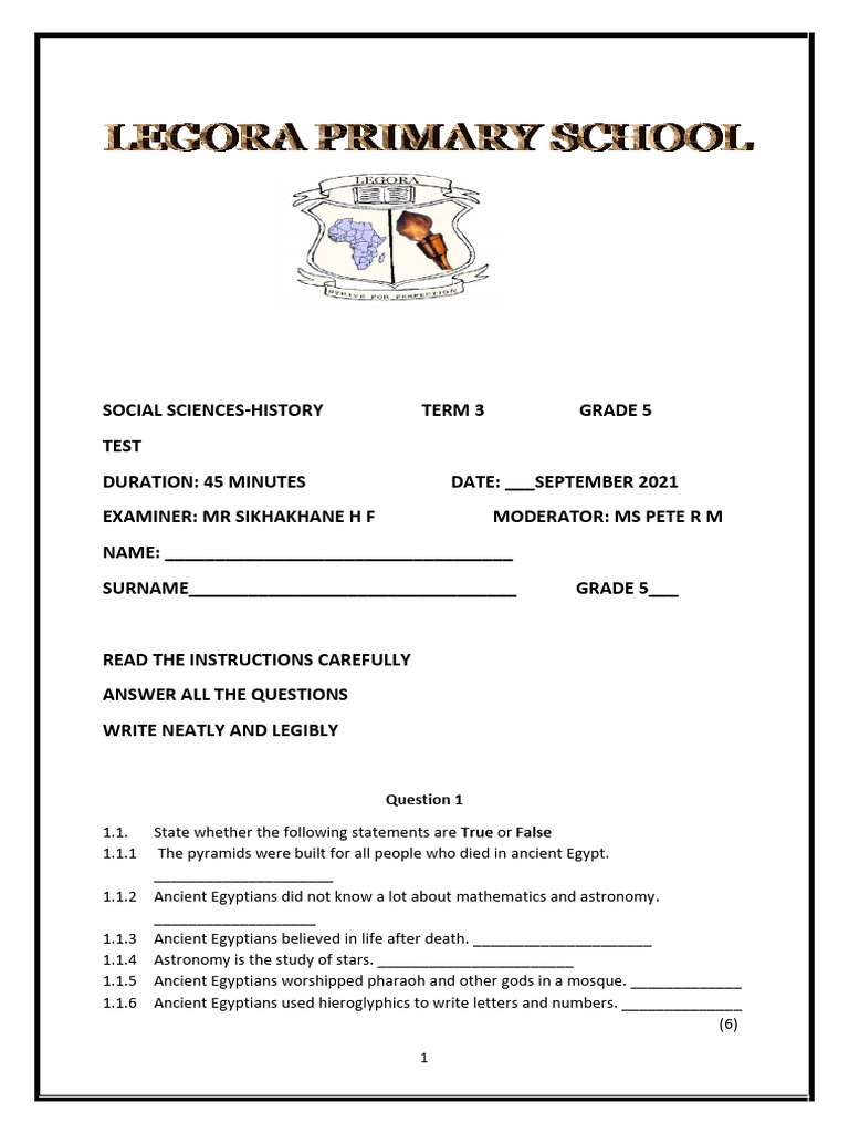 Grade 5 T-3 History Test 2021 | PDF | Ancient Egypt | Ancient Egyptian ...