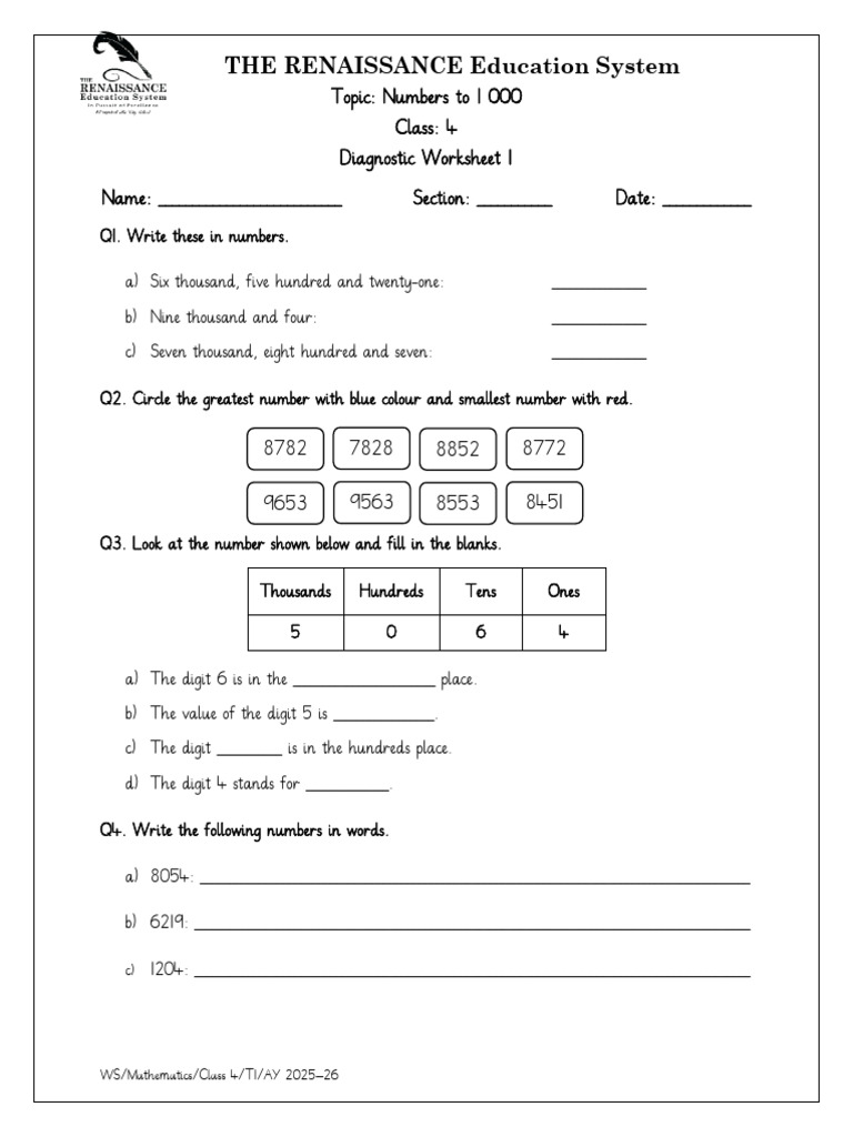 Class 4 Diagnostic Worksheet: Numbers 1,000 | PDF