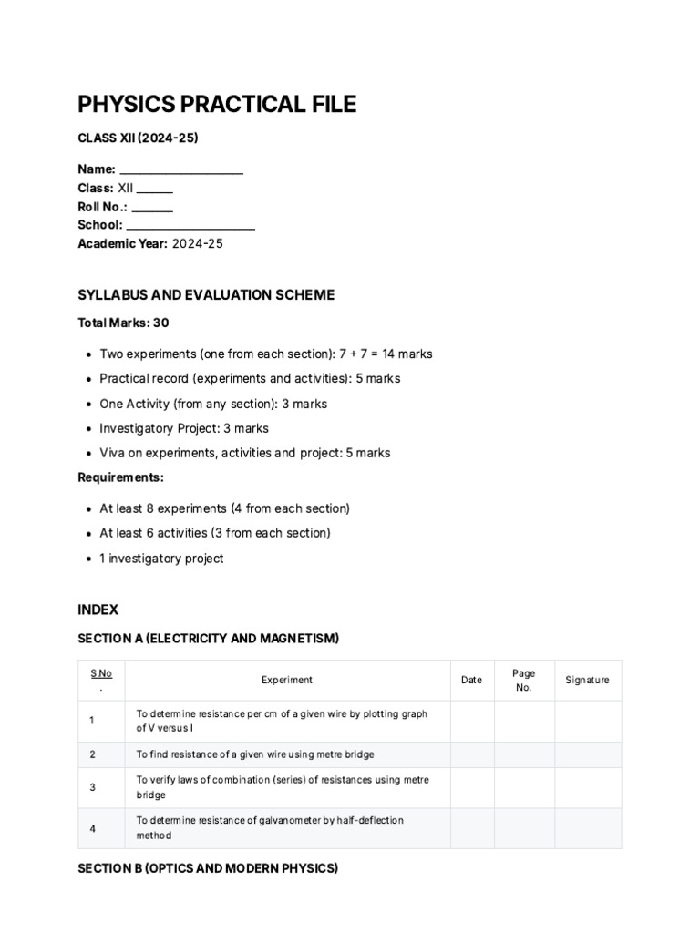 Class XII Physics Practical Guide 2024-25 | PDF | Electrical ...