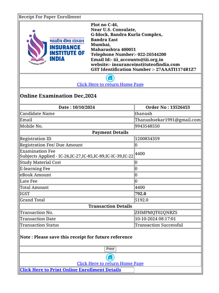 Online Exam Enrollment Receipt | PDF
