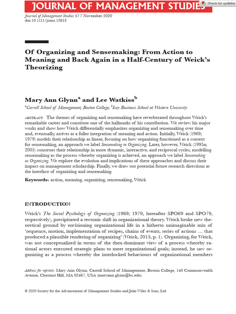 Weick's Evolution of Organizing and Sensemaking | PDF | Rationality ...