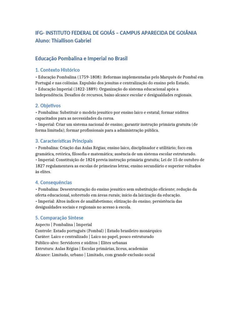 Educação Pombalina e Imperial no Brasil | PDF