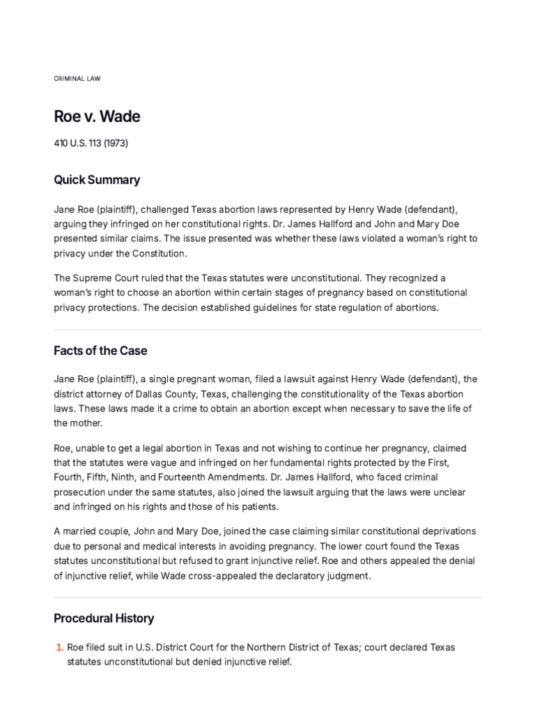 Roe v. Wade - (IRAC) Case Brief Summary | PDF | Roe V. Wade | Abortion ...