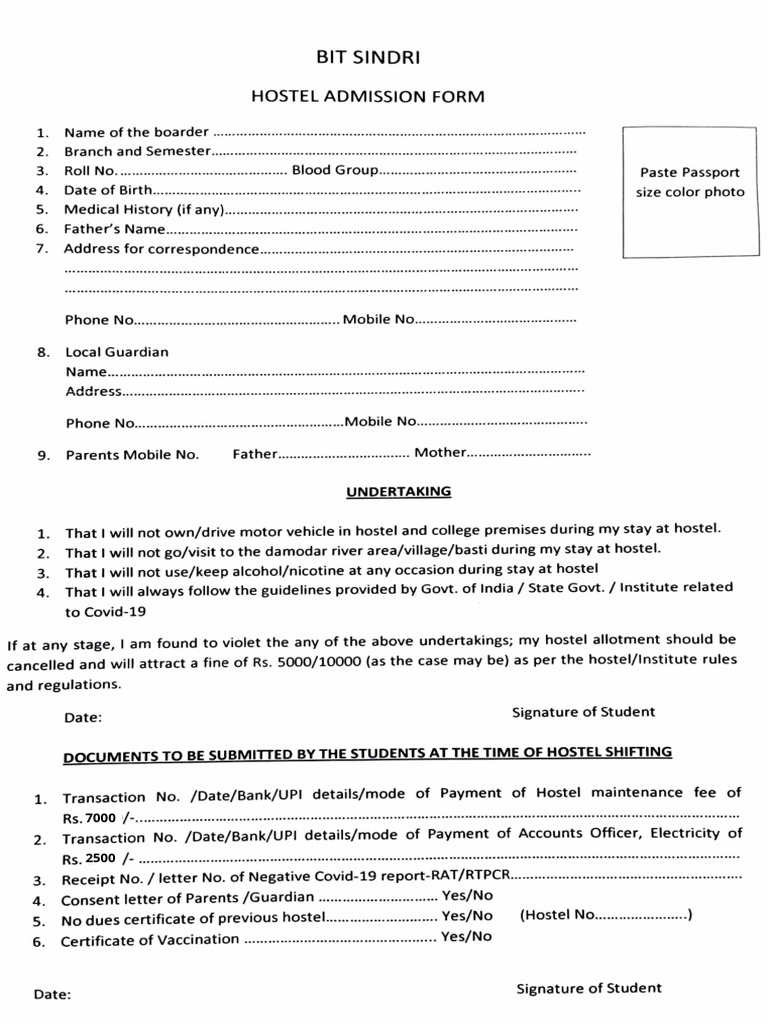 Hostel Form 01 | PDF