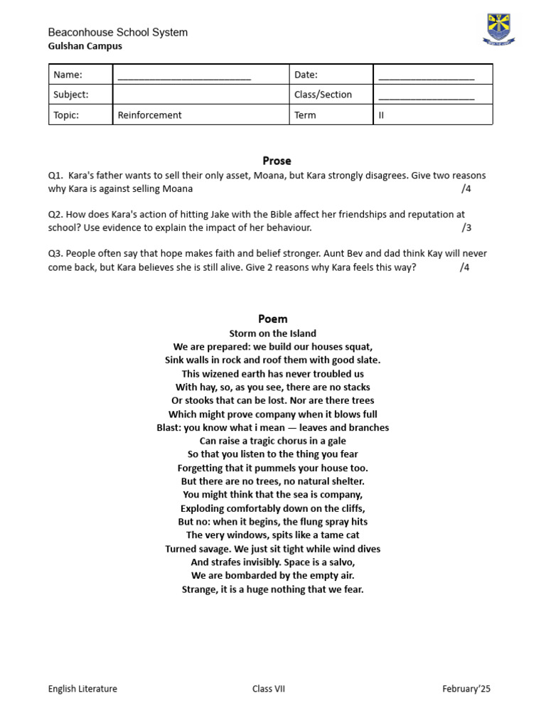 2nd Term - 1st Assessment Reinforcement Worksheet Literature | PDF