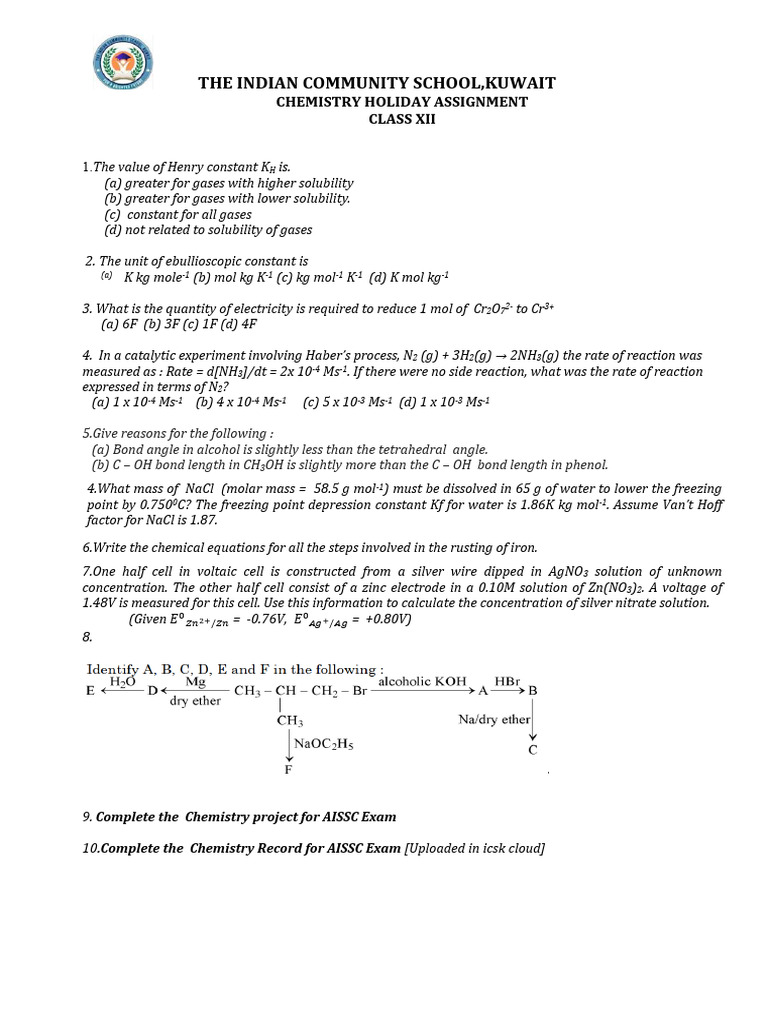 Class 12 Chem Holiday Assignment | PDF
