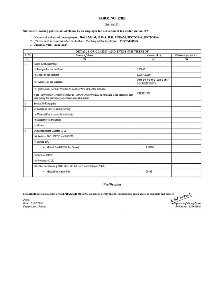 2023-2024 FormNo12BB | PDF | Public Finance | Taxation