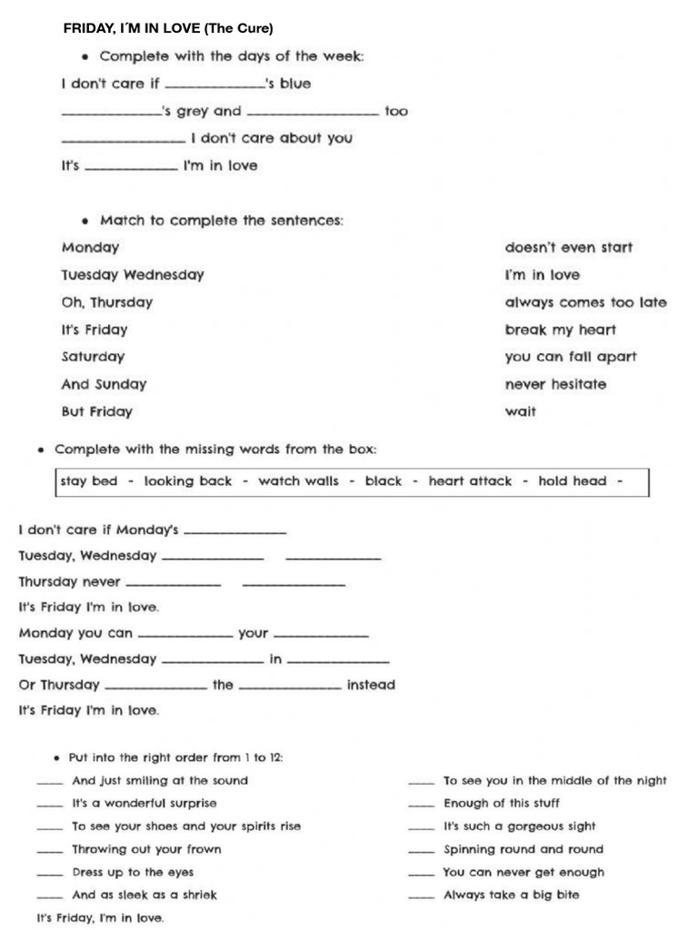 Friday I M in Love Worksheet | PDF