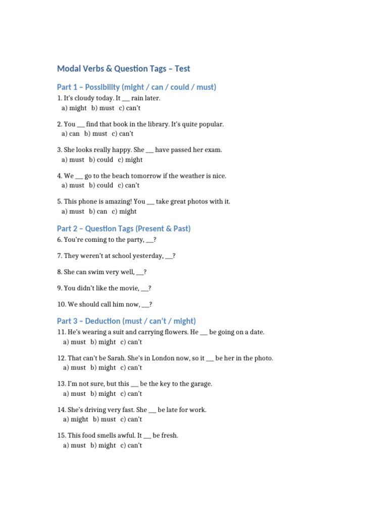 Modal Verbs and Question Tags Test | PDF