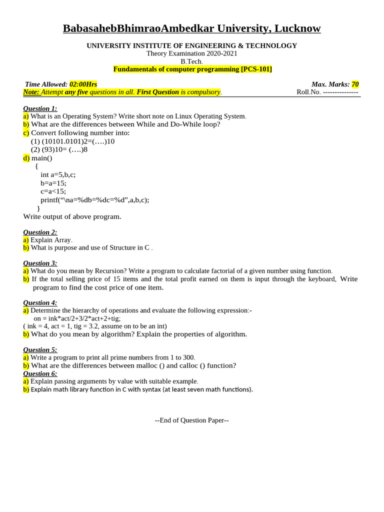 B.Tech Computer Programming Exam 2021 | PDF