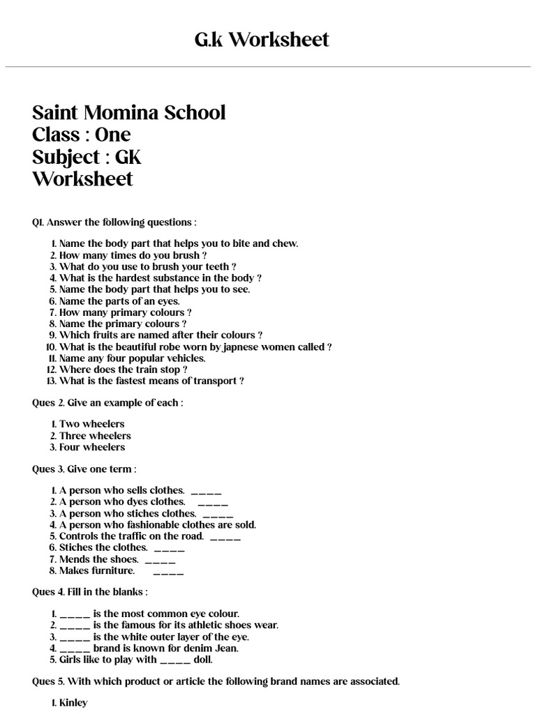 GK Worksheet for Class One Students | PDF