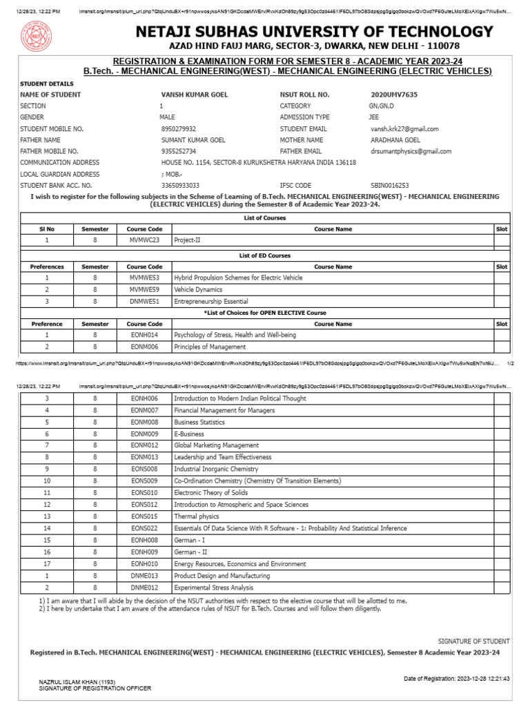 Semester 8 Registration Form 2023-24 | PDF | Chemistry