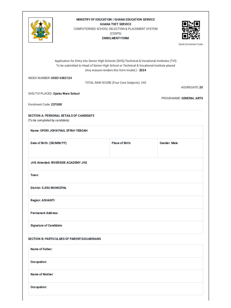 CSSPS Enrollment Form for SHS/TVI | PDF