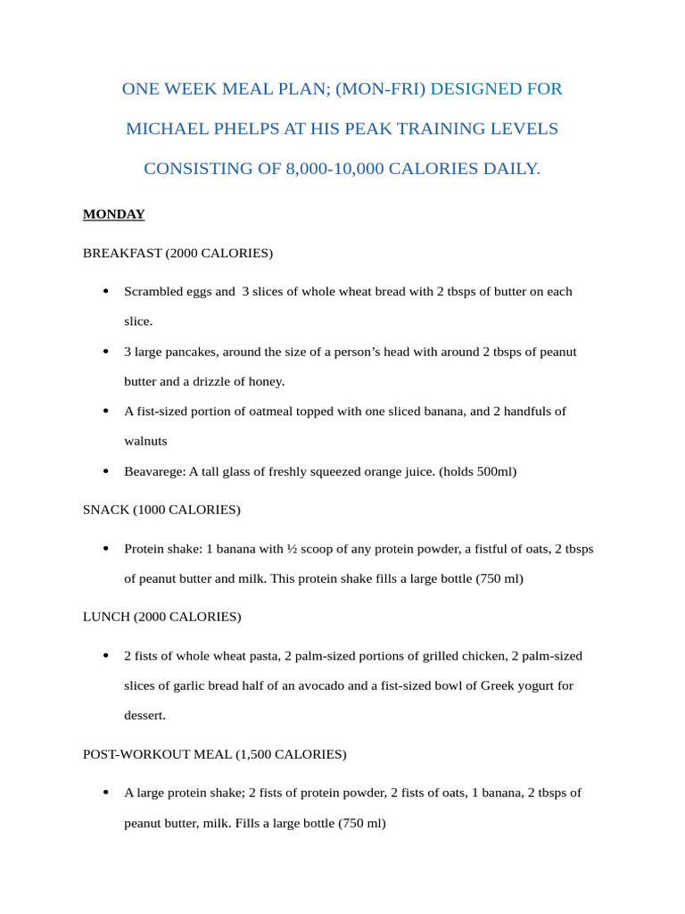 Michael Phelps' 8,000-Calorie Meal Plan | PDF | Lunch | Meal