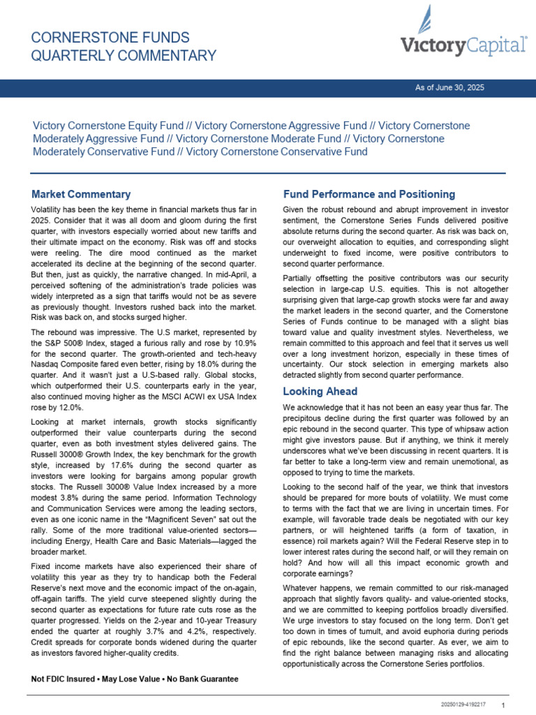 Victory Cornerstone Funds Commentary - 2Q 2025 | PDF | Bonds (Finance ...