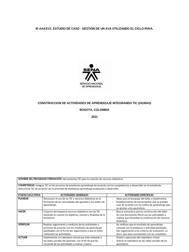 Ie-Aa4-Ev1. Estudio de Caso - Gestión de Un Ava Utilizando El Ciclo Phva. | PDF | Aprendizaje ...