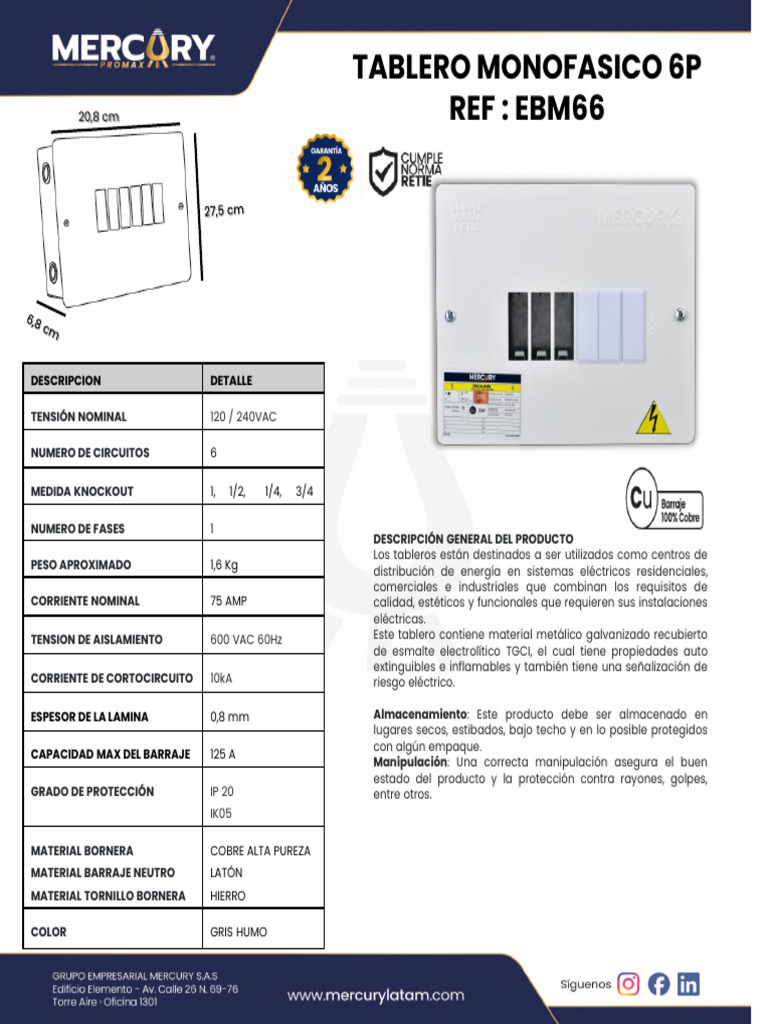 Ficha Tecnica Ebm66 Tablero Monofasico 6p | PDF