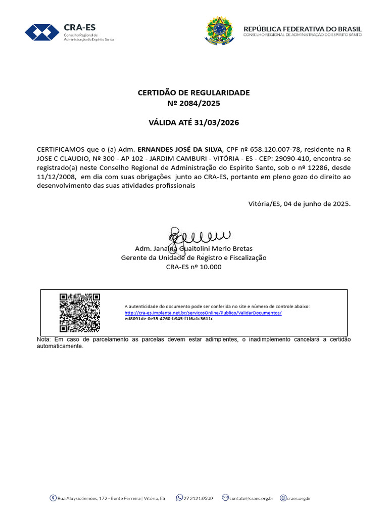 Certidão de Regularidade CRA-ES 2025 | PDF