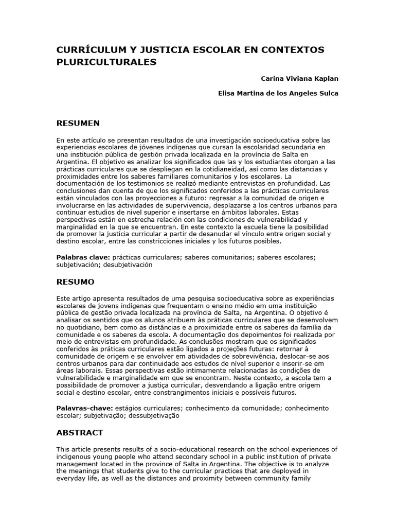 Currículum y Justicia Escolar en Contextos Pluriculturales - Kaplan | PDF | Plan de estudios ...