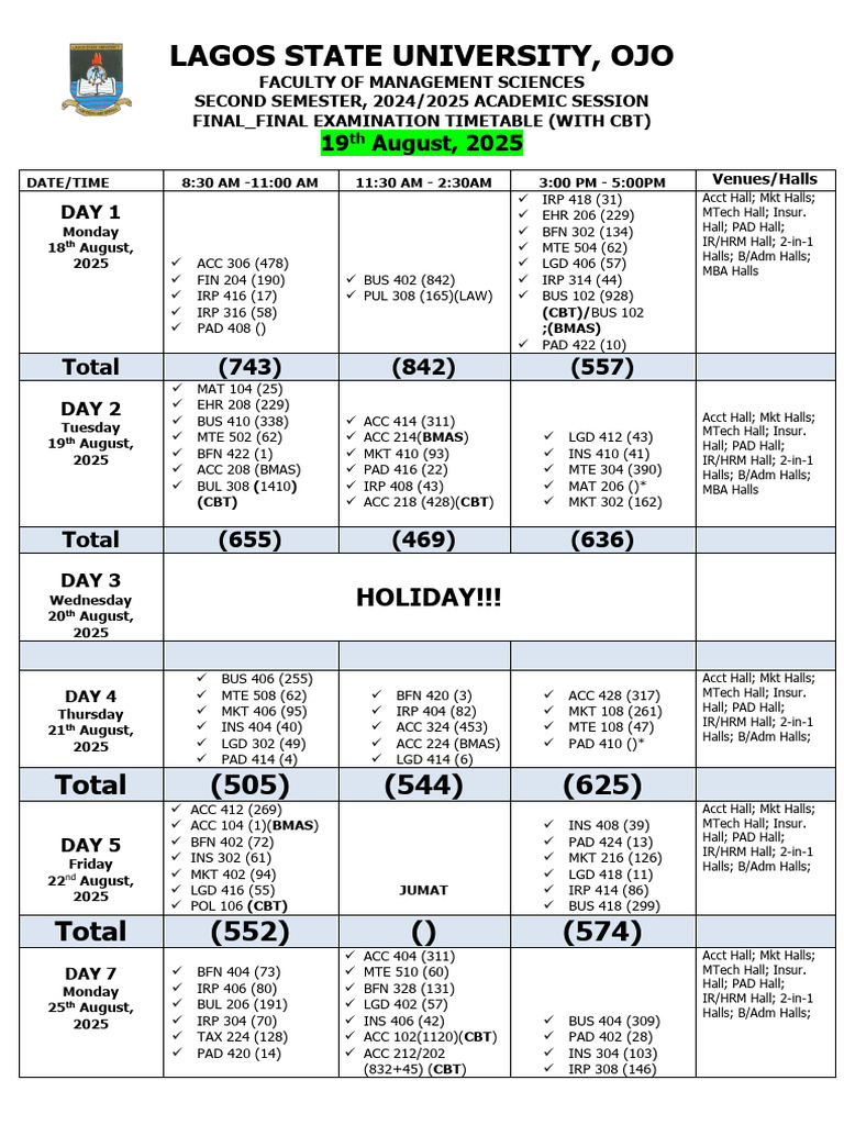 LASU FMS Exam Timetable 2025 | PDF