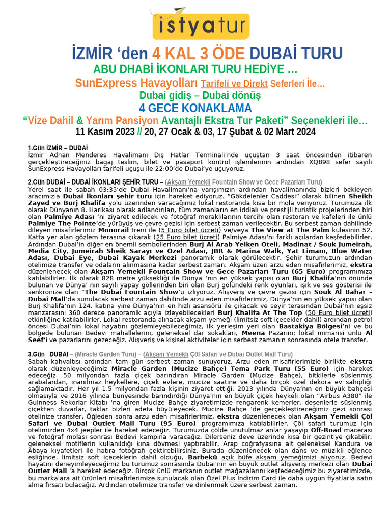 Revize -4- İZMİRden 4 KAL 3 ÖDE DUBAI TURU - Abu Dhabi İkonları Turu Hediye - Sunexpress HY - 20 ...