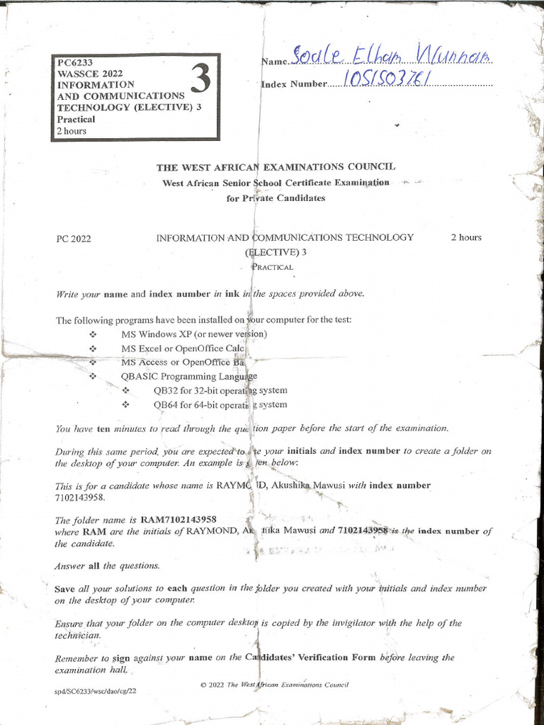 Wassce 2022 Private Practical | PDF