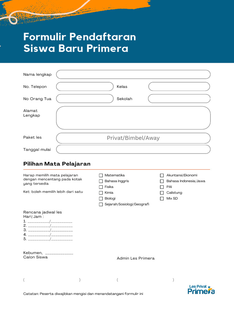 Formulir Pendaftaran Siswa Baru Les Primera | PDF