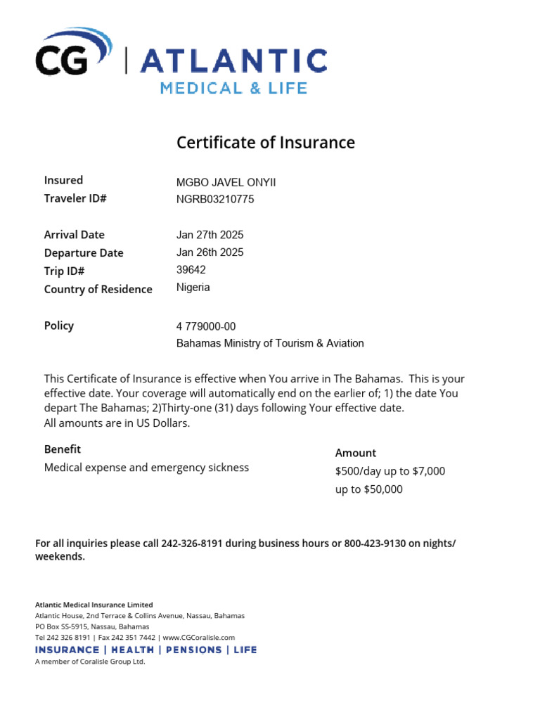 Bahamas Health Insurance Certificate | PDF