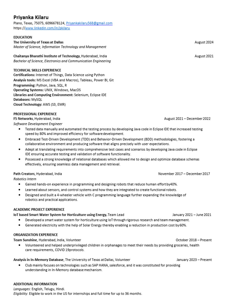 Priyanka Kilaru Resume | PDF | Internet Of Things | Databases