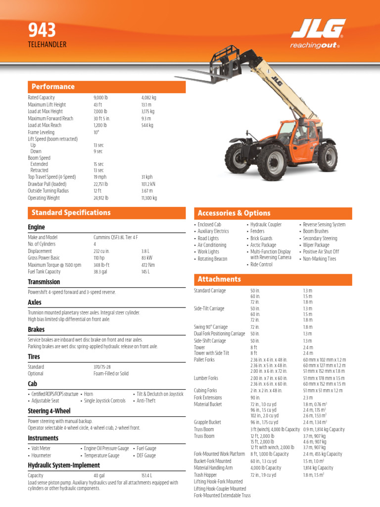 JLG 943 Telehandler Specifications | PDF | Vehicles | Motor Vehicle