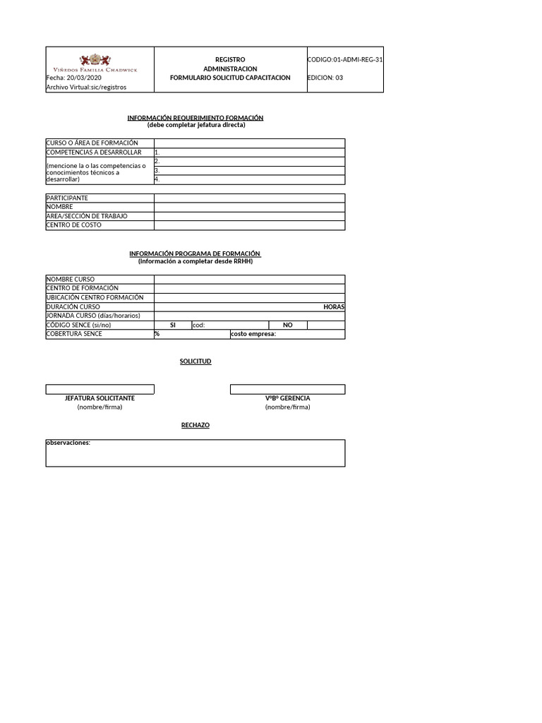 01 ADMI REG 31 Formulario Solicitud Capacitación | PDF