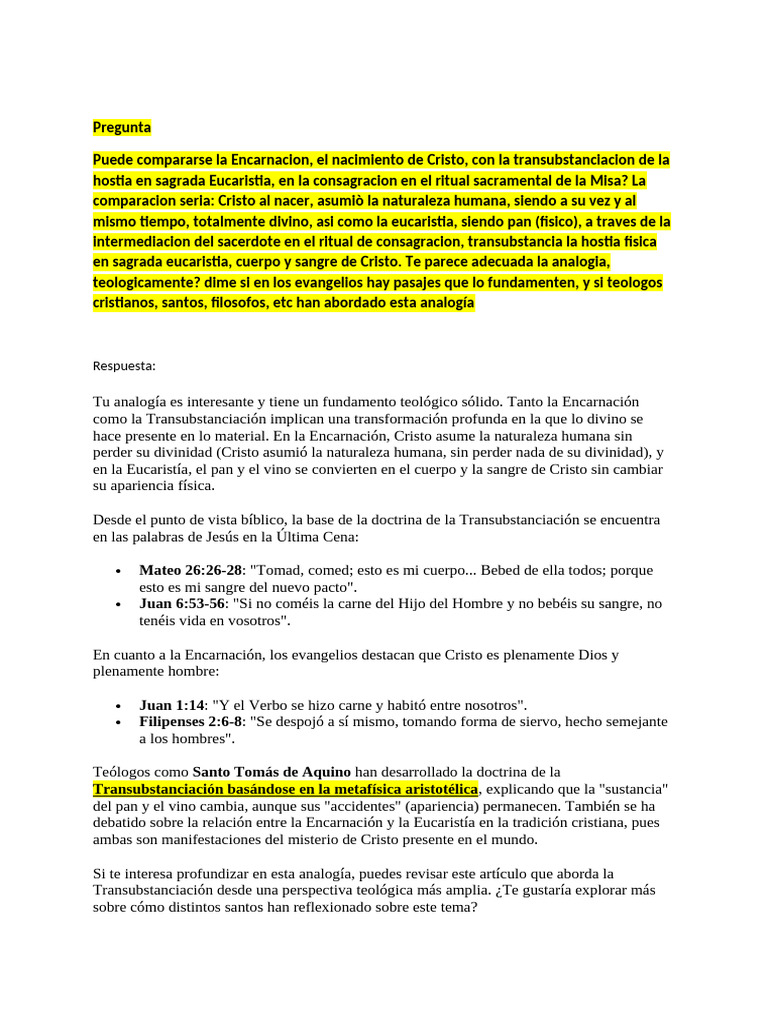 Analogia Encanacion Cristo - y Transubstanciacion | PDF | eucaristía ...