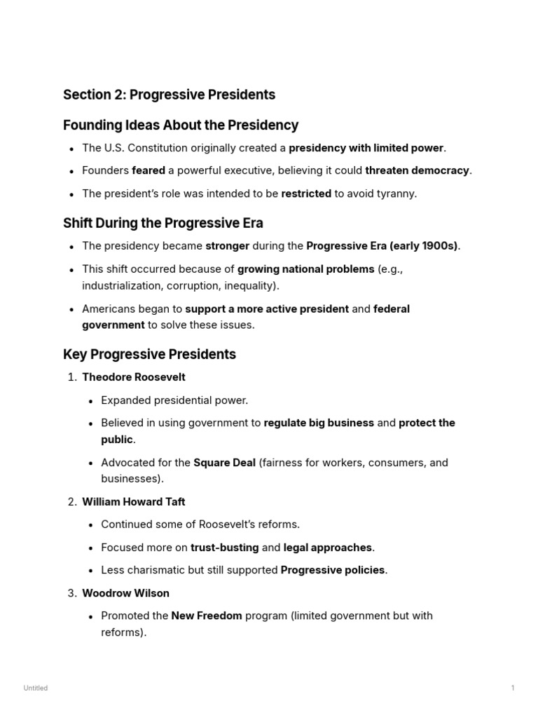 Section 2: Progressive Presidents Founding Ideas About The Presidency ...