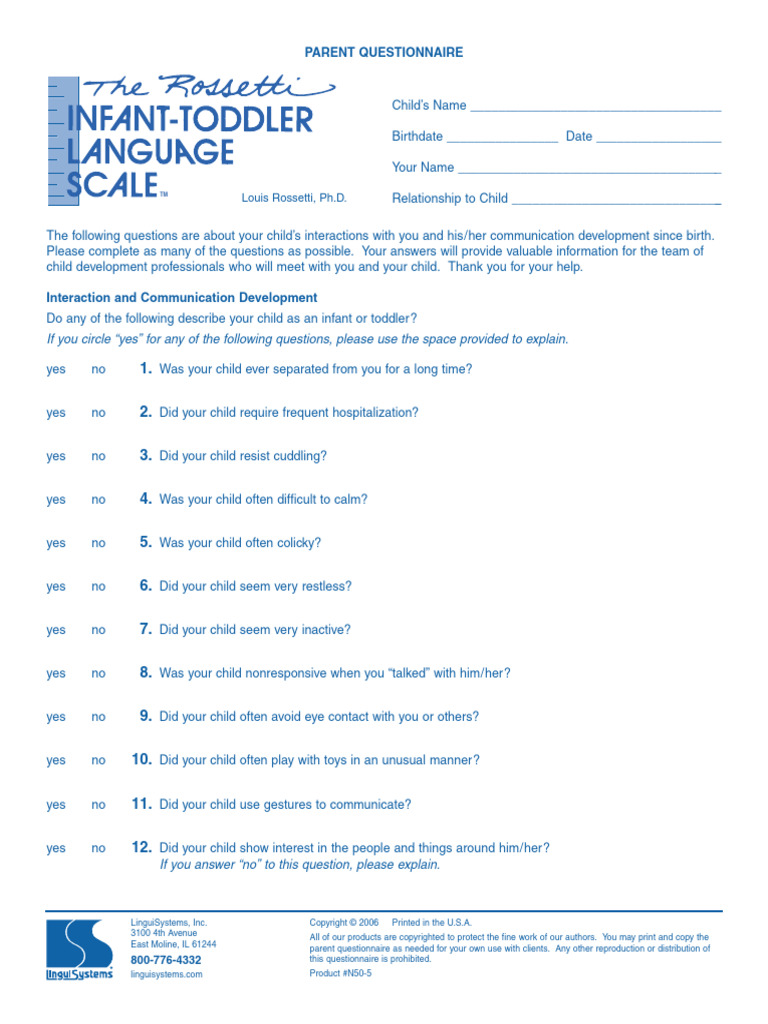 Rossetti Parent Questionnaire Guide | PDF | Language Development | Question