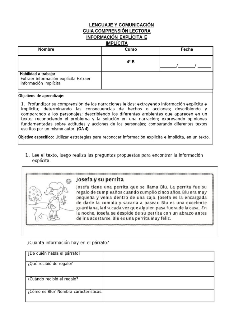 Ejercicios de Comprensión Lectora 4° Básico | PDF | Comprensión lectora ...