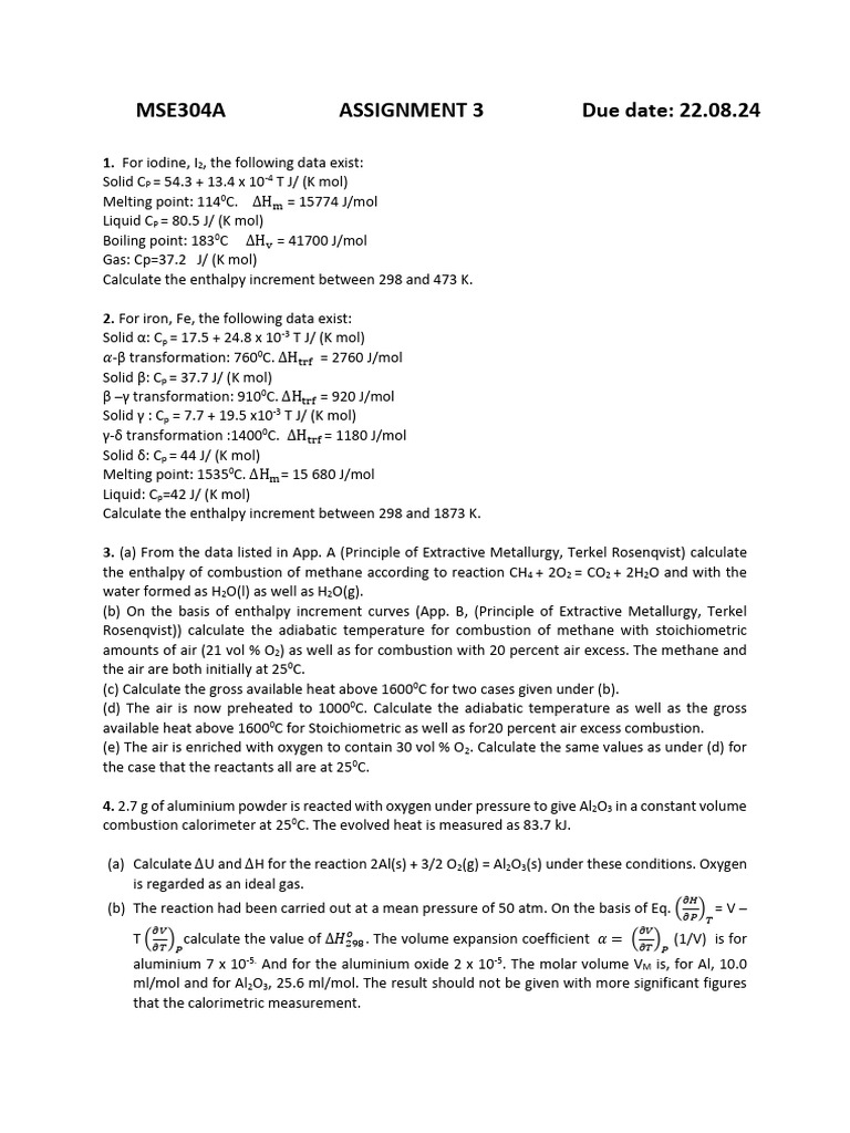 Assignment 3 Heat Balance Due Date 22aug24 | PDF | Combustion | Stoichiometry