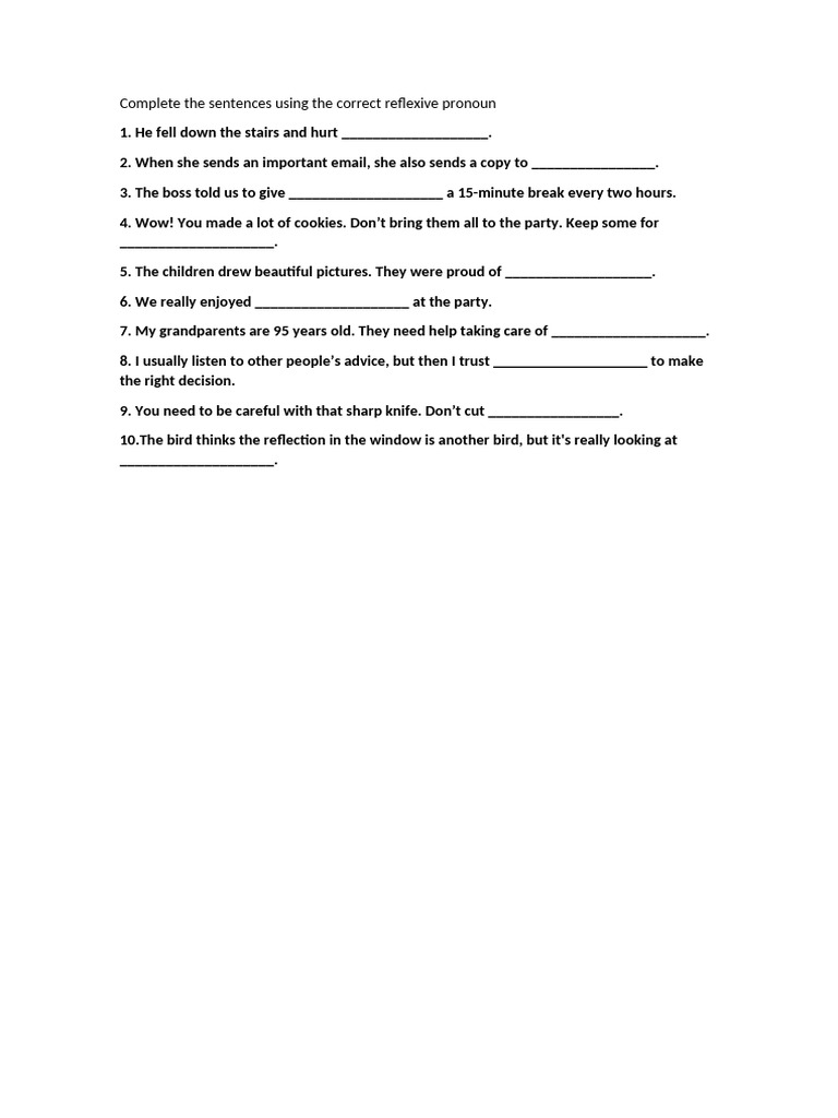 Reflexive Pronoun Sentence Practice | PDF
