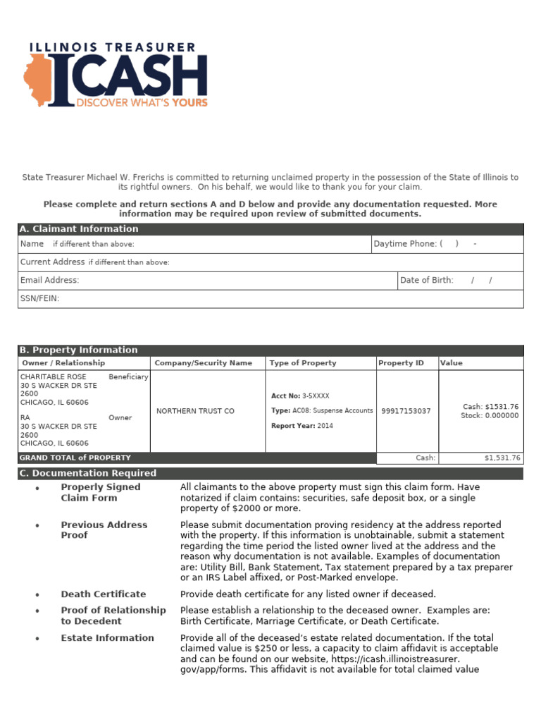 Illinois Unclaimed Property Claim Form | PDF | Probate | Fraud
