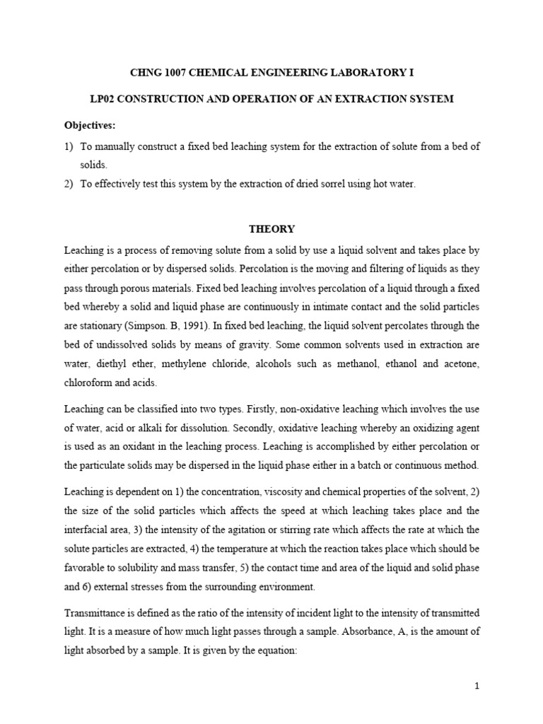 Fixed Bed Leaching System Lab Guide | PDF | Solvent | Pipe (Fluid ...