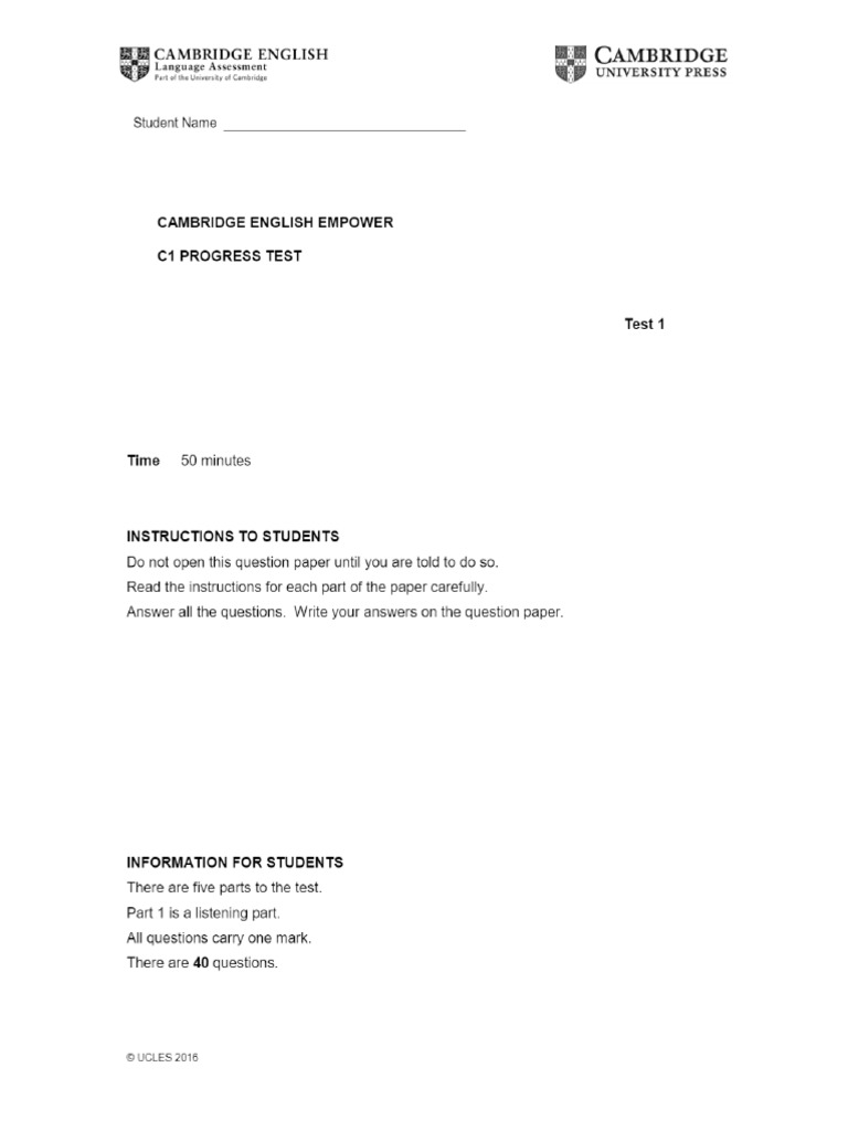 Cambridge English Empower C1 Progress Test - Student Name 2 - PDFCOFFEE ...