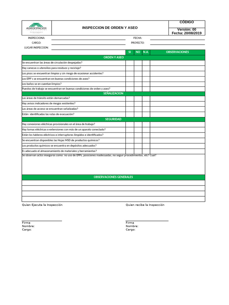 Inspección de Orden y Aseo Laboral | PDF