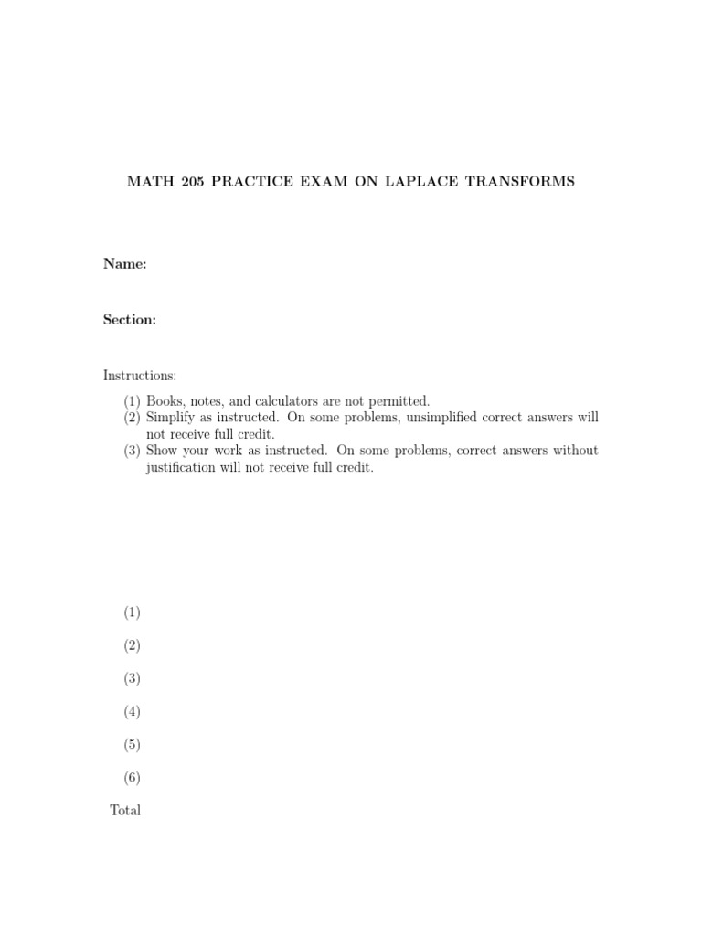 MATH 205 Laplace Transforms Practice Exam | PDF | Mathematical Concepts ...