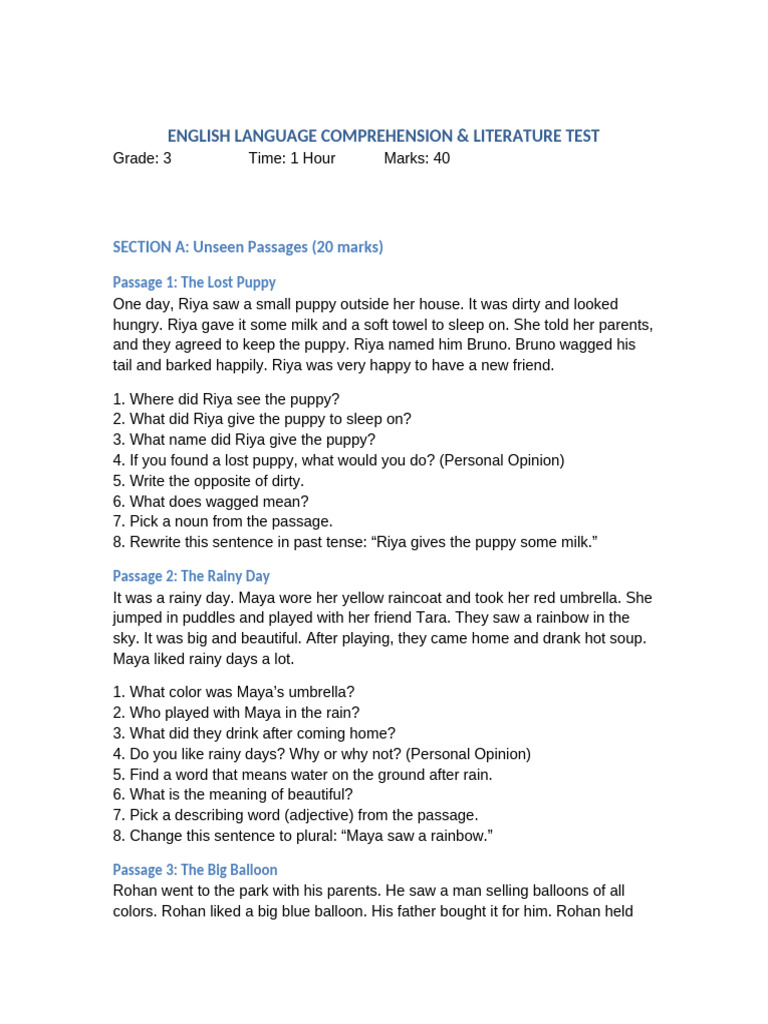 Grade 3 English Comprehension Test | PDF | Cats | Syntax